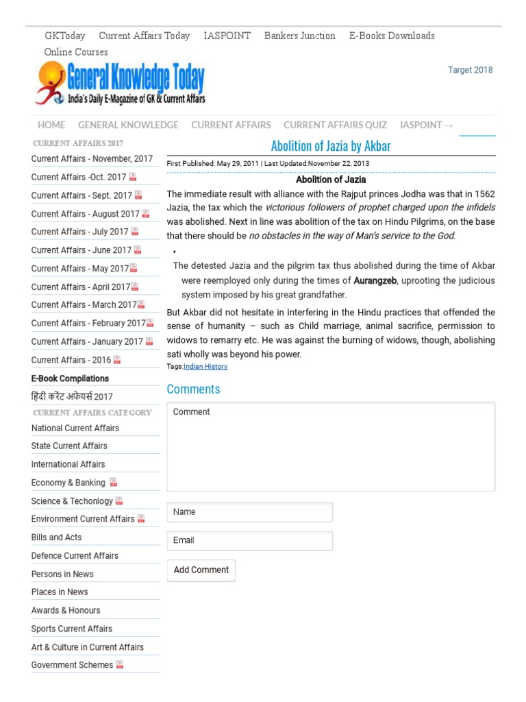 Abolition of Jazia by Akbar - General Knowledge Today | PDF