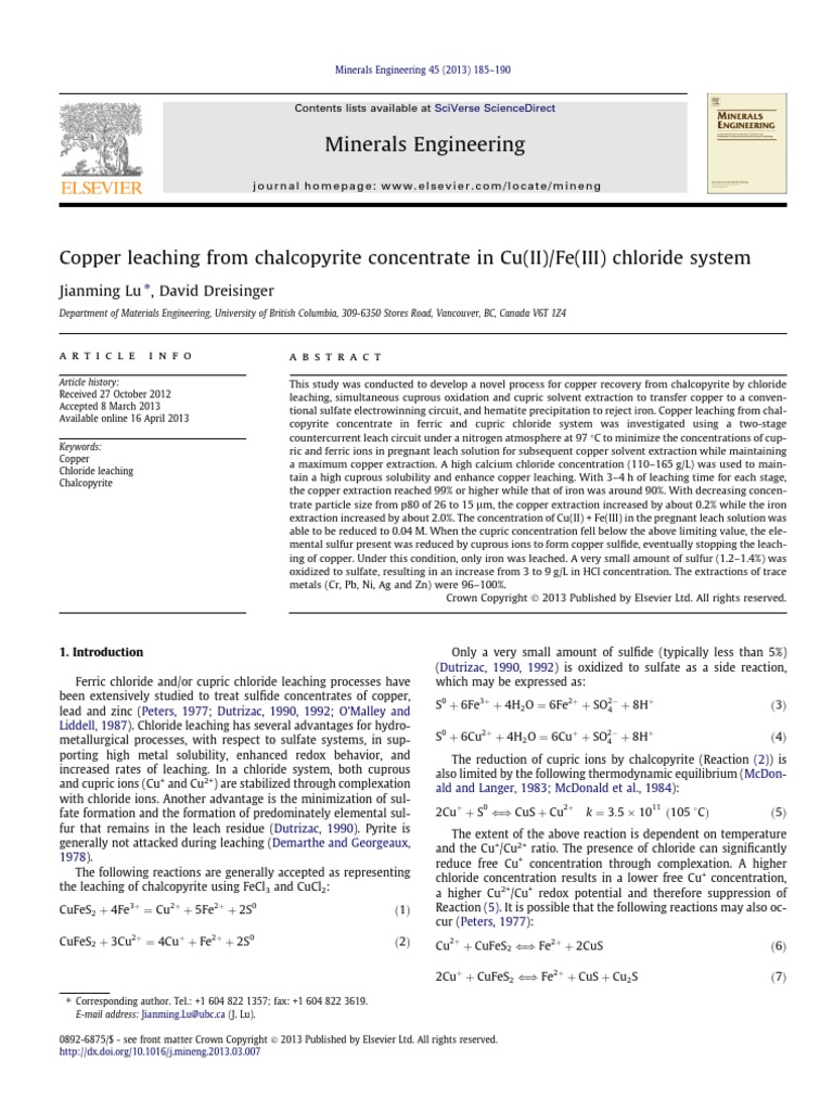 Copper Leaching From Chalcopyrite Concentrate in Cu (II) - Fe (III ...