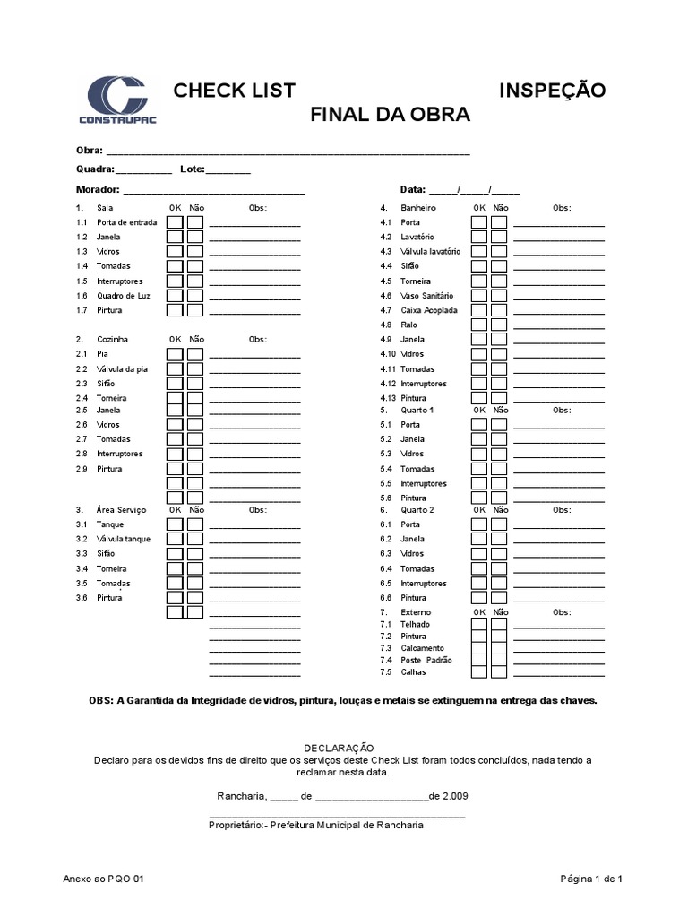 Check List - Inspeção Final Da Obra PDF | PDF | Implementos Domésticos ...