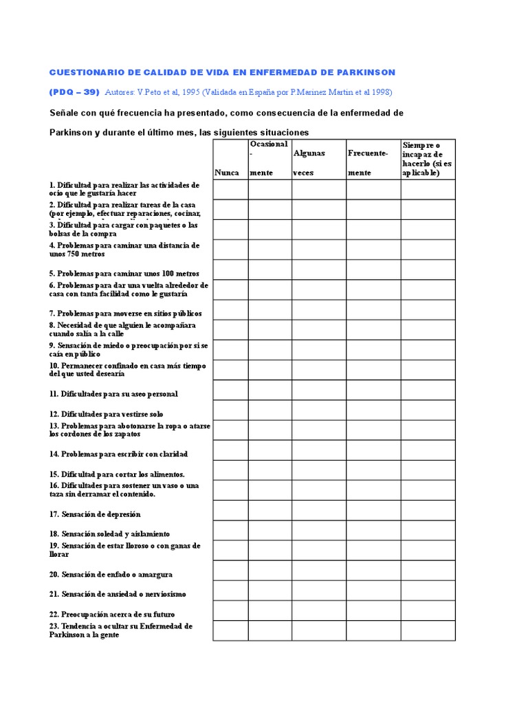 Cuestionario de Calidad de Vida en Enfermedad de Parkinson Pdq-39 | PDF ...