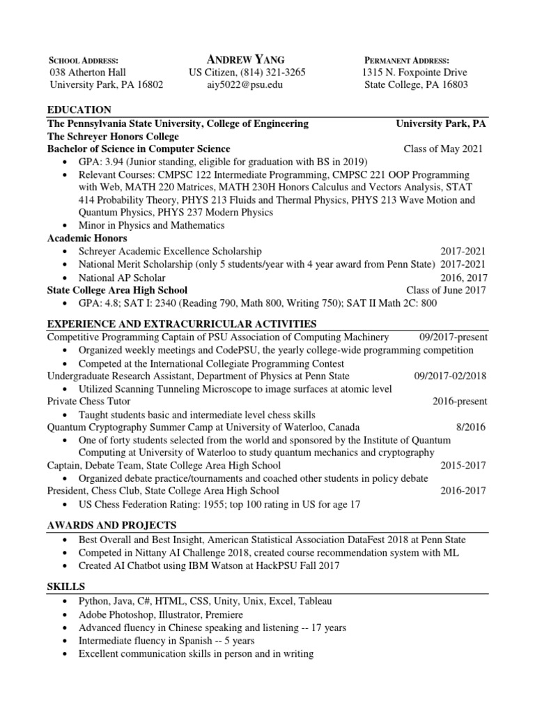 Revised Resume - Andrew Yang | PDF | Pennsylvania State University ...