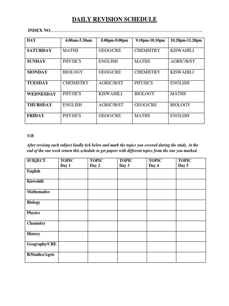 Daily Revision Schedule: INDEX NO .. | PDF