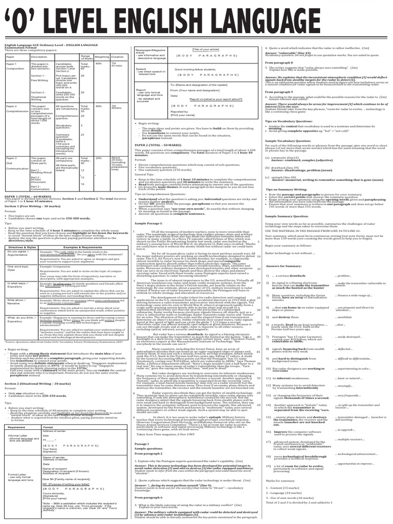 Gce o Level English Final For SPH | PDF | Radar | Reading Comprehension