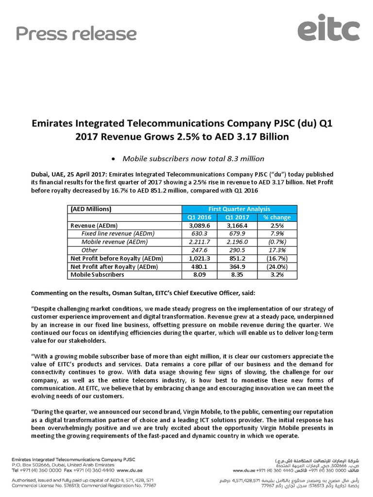 EITC (Du) Q1 2017 Revenue Grows 2.5 To AED 3.17 Billion | PDF ...