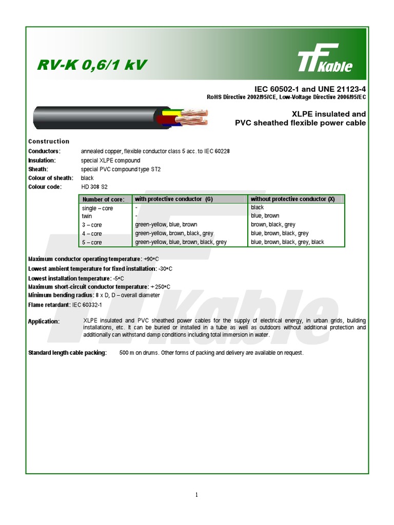 RV-K 0,6/1 KV: IEC 60502-1 and UNE 21123-4 | PDF | Electrical Conductor | Insulator (Electricity)