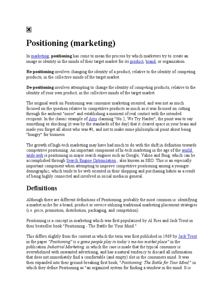 Positioning (Marketing) : Definitions | PDF | Marketing | Market ...