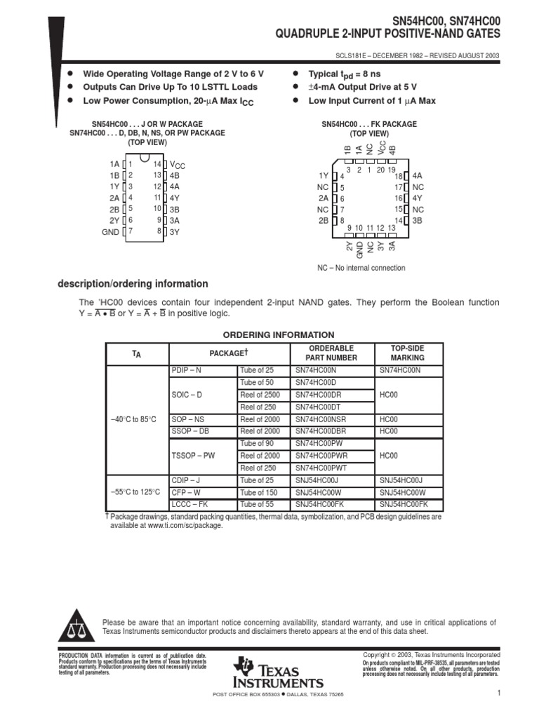 D D D D D D: SN54HC00, SN74HC00 Quadruple 2-Input Positive-Nand Gates ...
