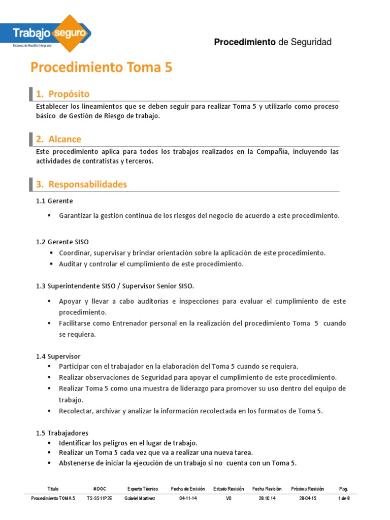 Procedimiento Toma 5 para Supervisores SISO | PDF | Riesgo | Seguro