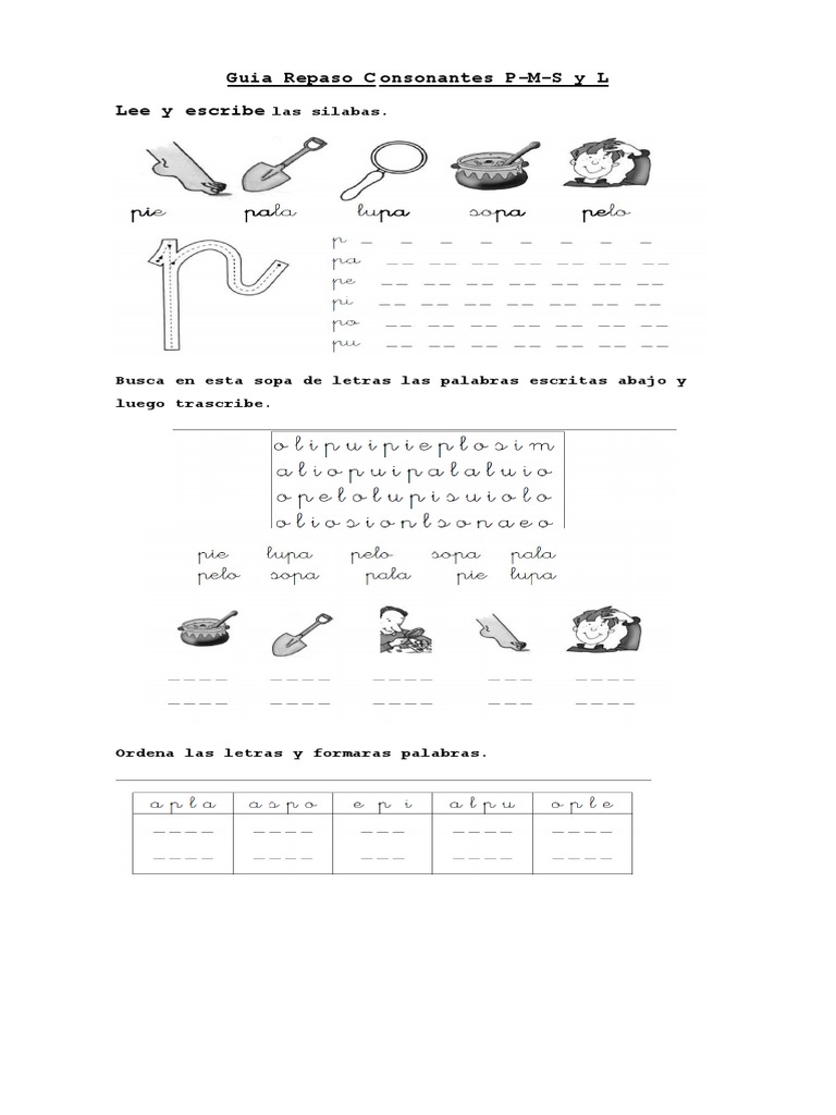 Repaso de Consonantes P, M, S y L | PDF | Artes del Lenguaje y ...