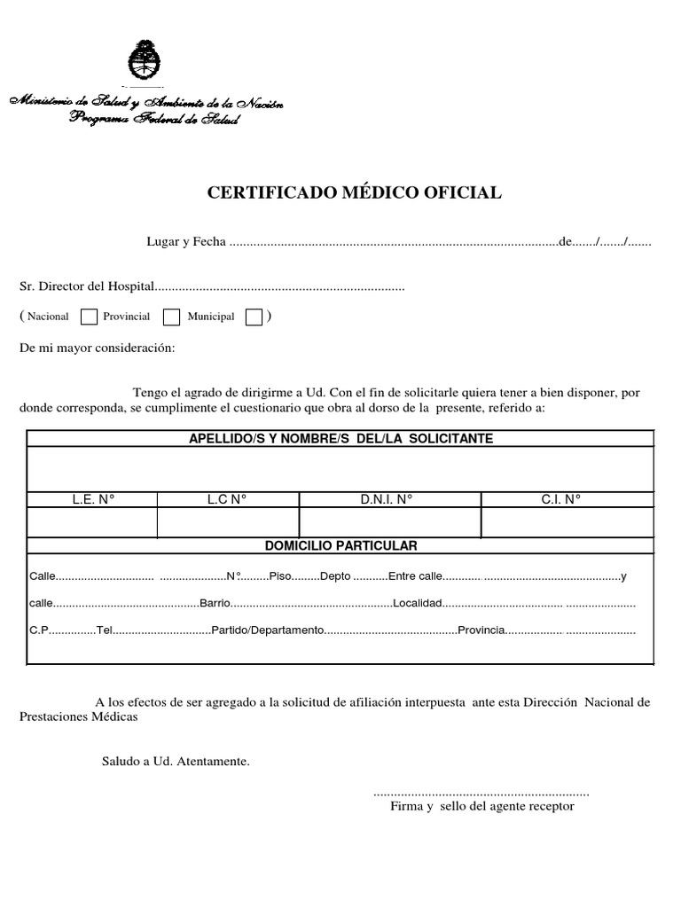 Certificado Médico Oficial para Argentina | PDF | Hospital | Cuidado de la salud