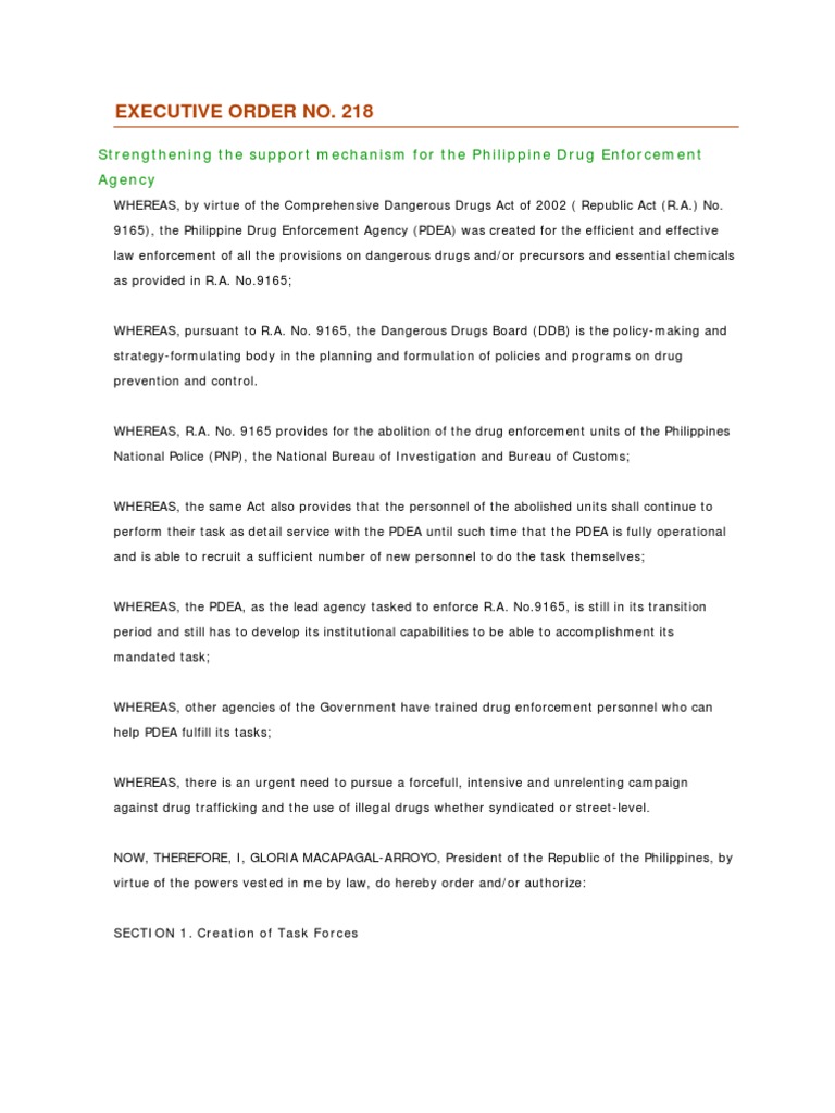 Executive Order No. 218: Strengthening The Support Mechanism For The ...