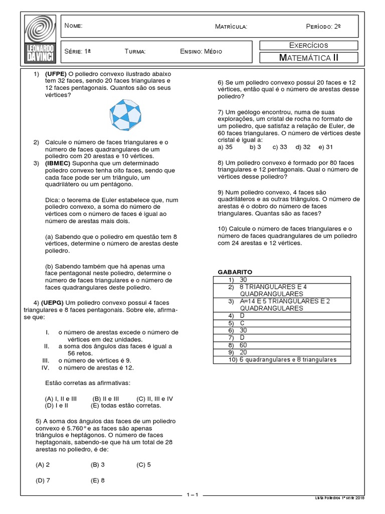 Lista 1 - Poliedros 1 Série 2018 | PDF | Triângulo | Euclides