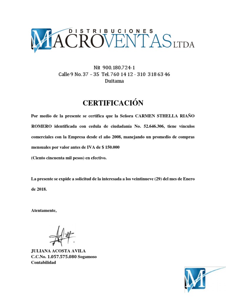 Carta Certificacion Comercial