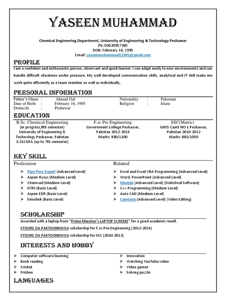 Yaseen Muhammad: Chemical Engineer Profile | PDF | Communication ...
