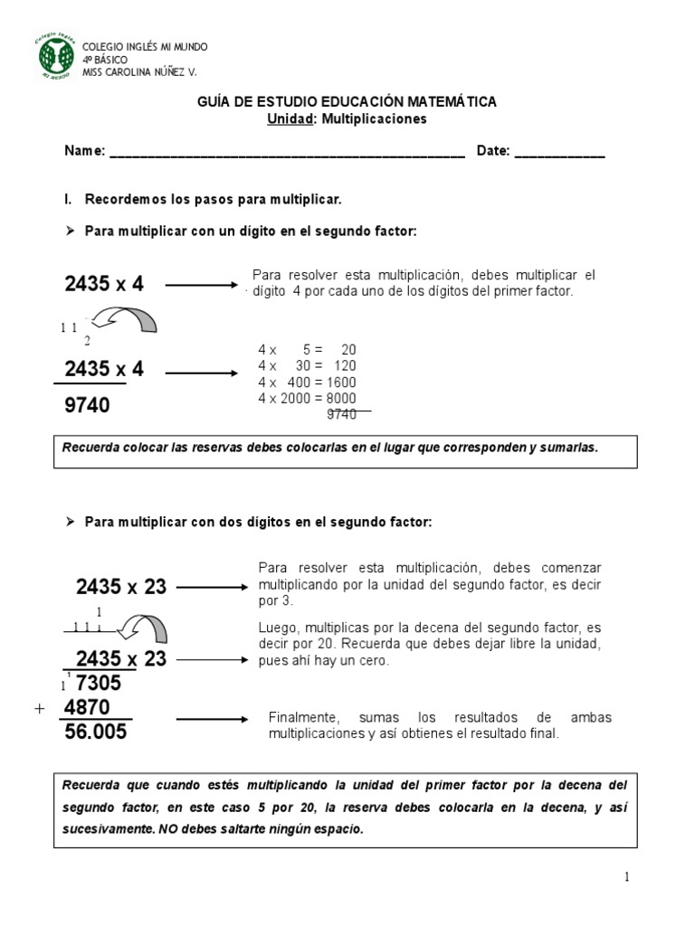 Guia de Estudio 2 Multiplicaciones | PDF | Multiplicación | Notación