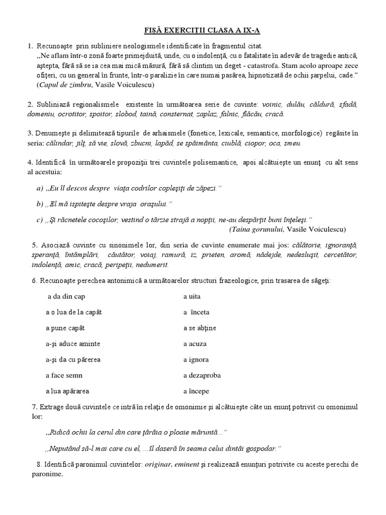 Fisa Exercitii Vocabular Si Relatii Semantice | PDF