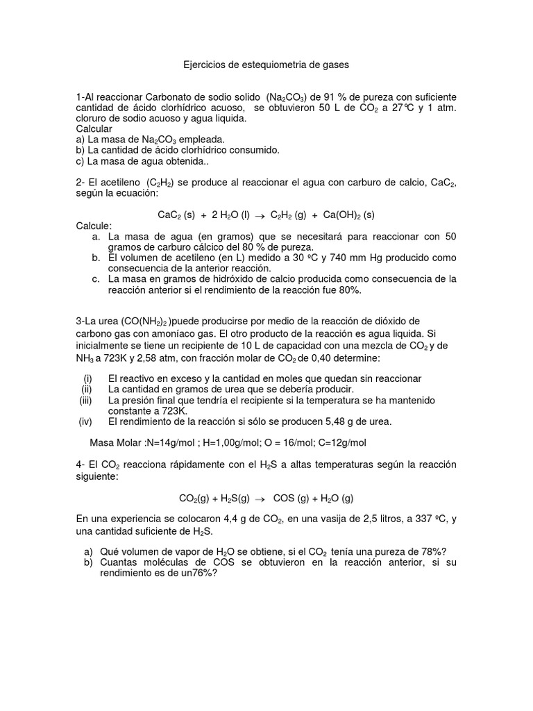Ejercicios de Estequiometria de Gases | PDF