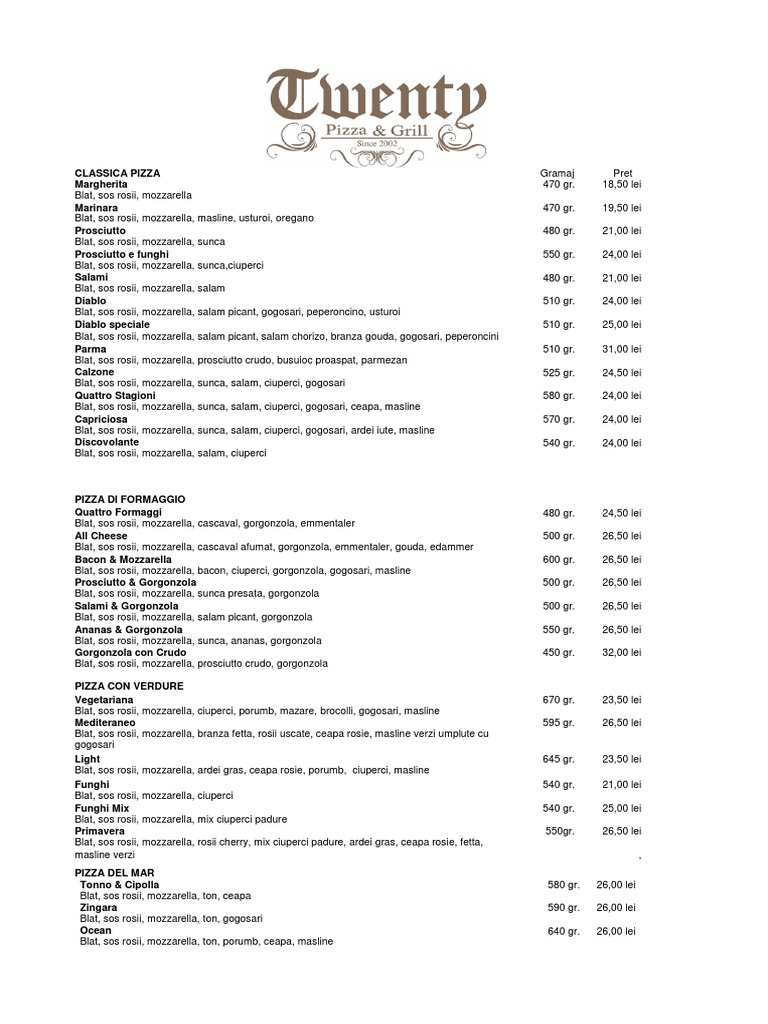 Meniu Pizza Twenty | PDF | Dairy Products | Italian Cuisine