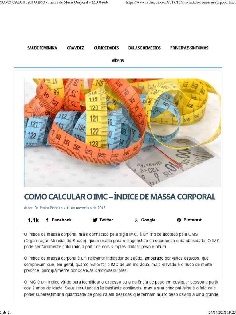 COMO CALCULAR O IMC - Índice de Massa Corporal » MD.Saúde.pdf | Índice ...