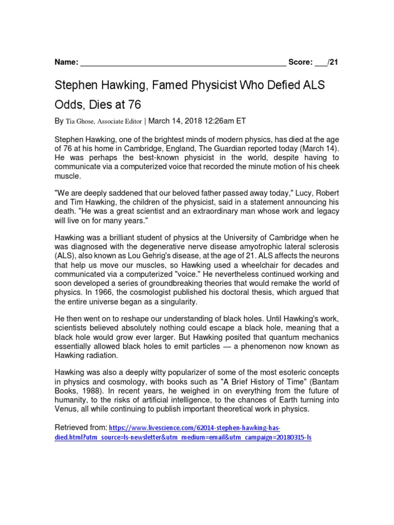 Stephen Hawking READING | PDF | Stephen Hawking | Amyotrophic Lateral ...