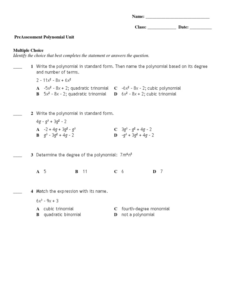 Paper PreAssessment Polynomial Unit Multiple Choice | PDF | Polynomial ...