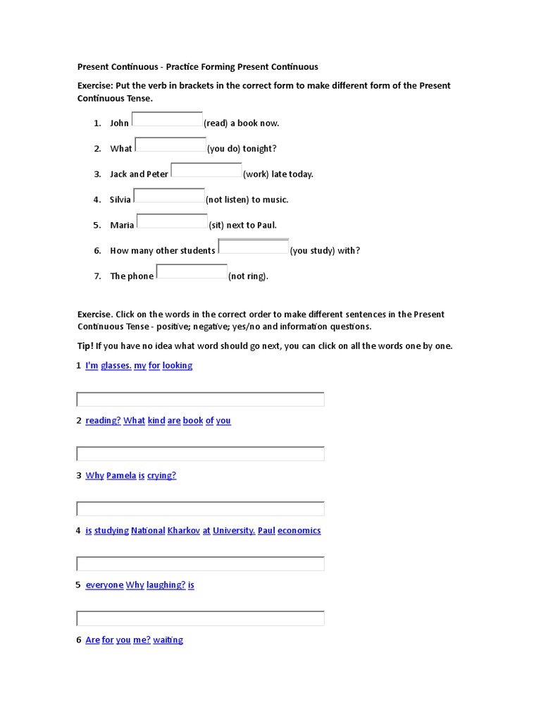 Present Continuous - Exercises | PDF