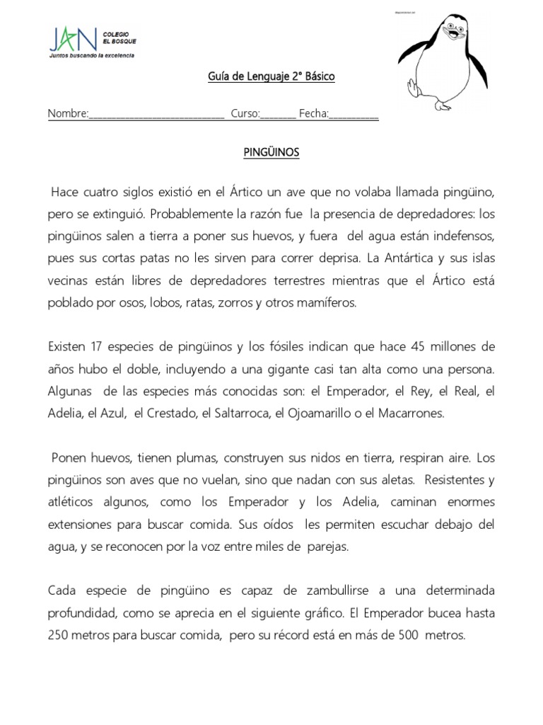 Guía Comprensión Lectora El Pinguino | PDF | Pingüino | Aves