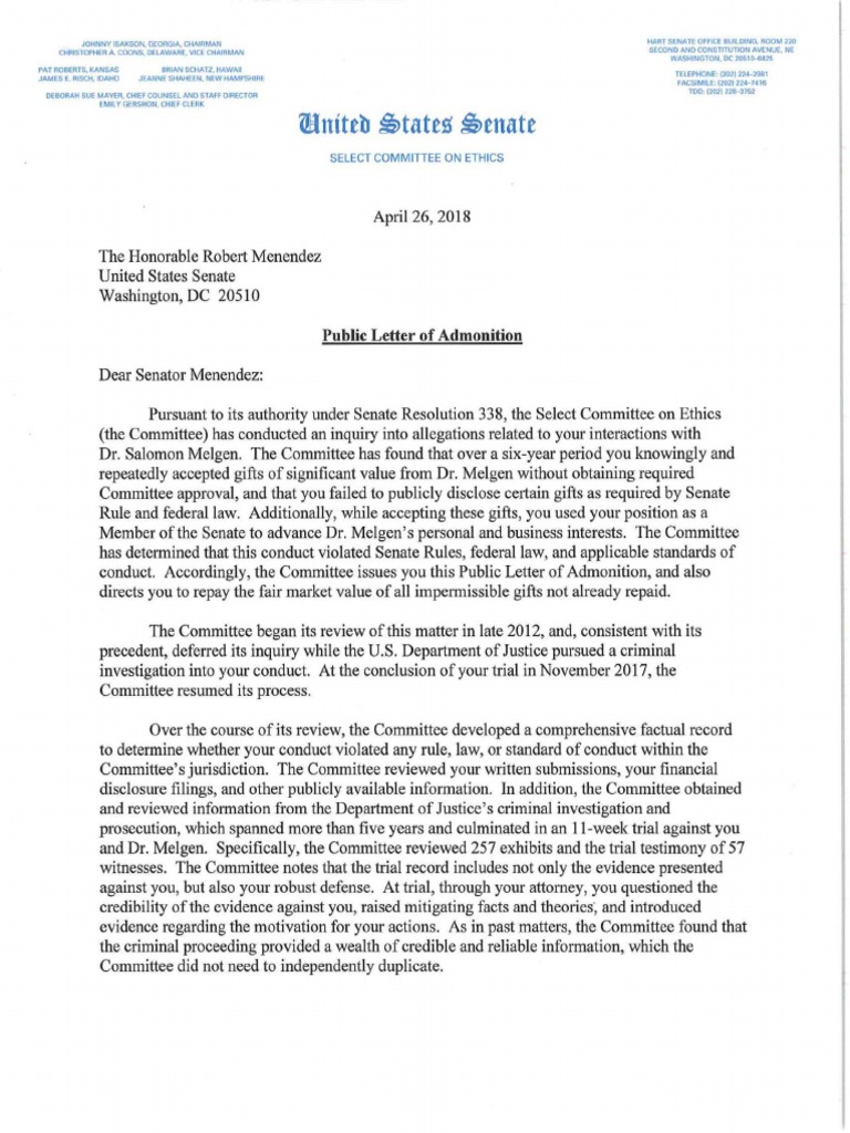 Senator Robert Menendez - Public Letter of Admonition | United States ...