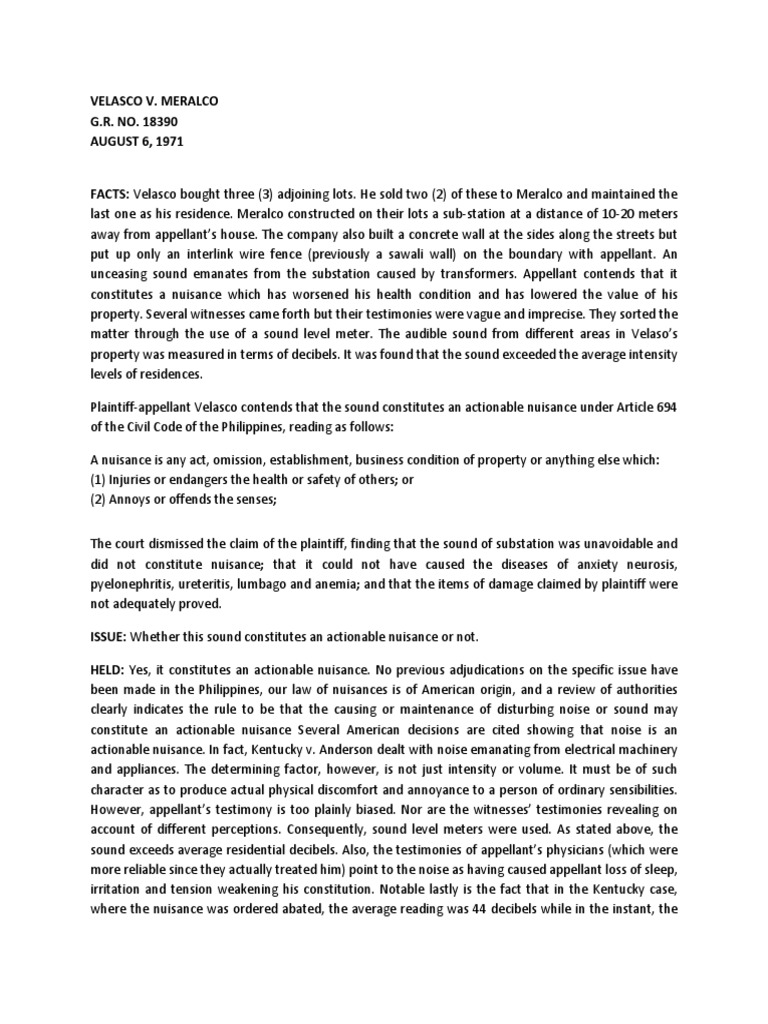 Velasco v. Meralco Case Digest | PDF | Nuisance | Noise