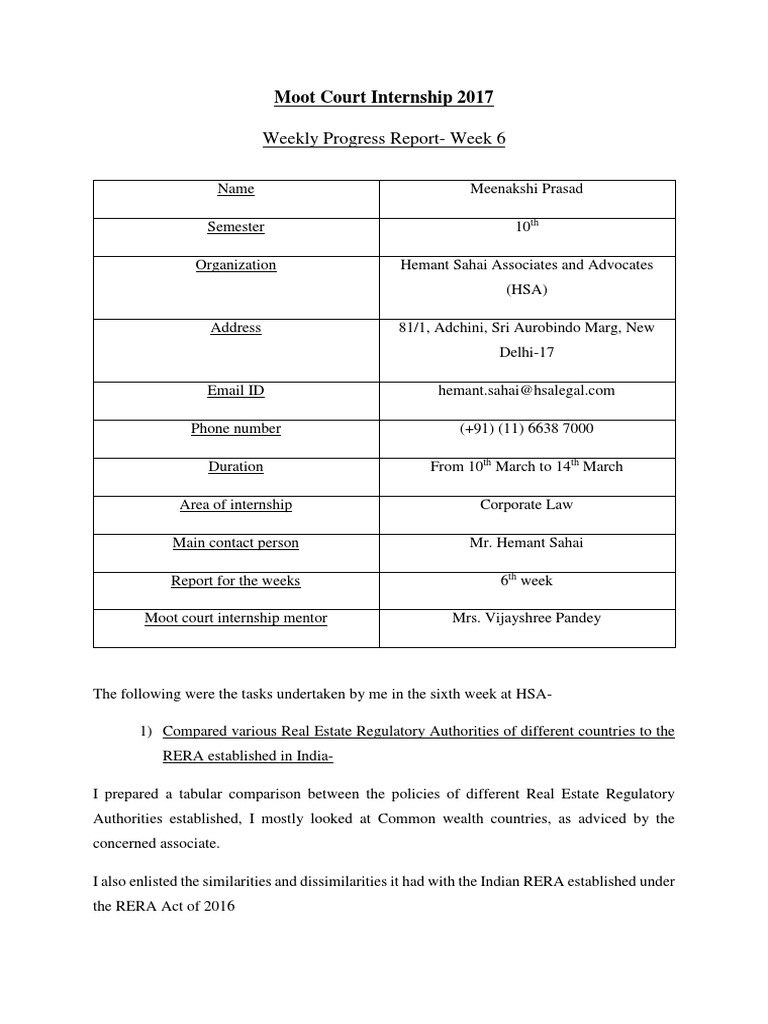 Weekly Progress Report-Week 6: Moot Court Internship 2017 | PDF