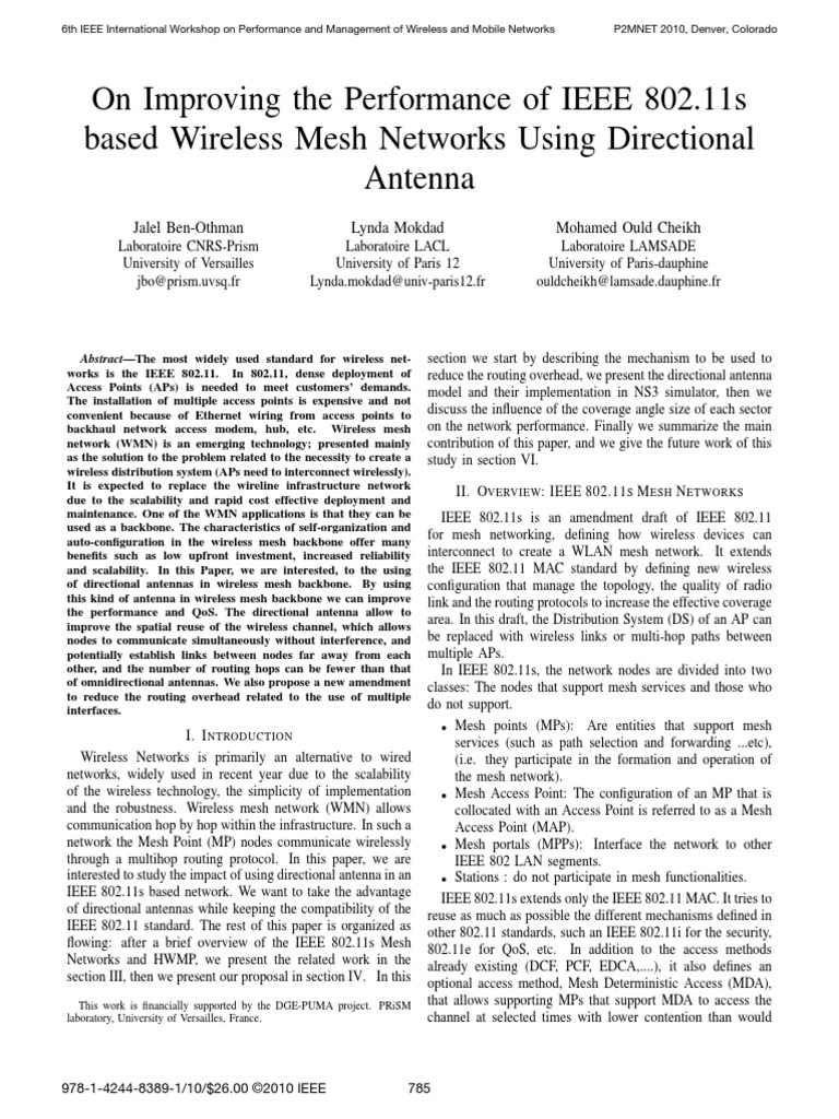 On Improving The Performance of IEEE 802.11s Based Wireless Mesh Networks Using Directional ...