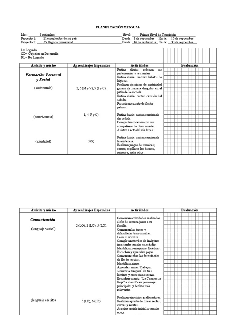 Planificación Septiembre Primer Grado | PDF | Artes del Lenguaje y ...
