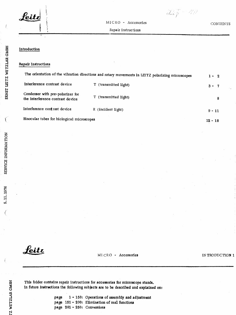 Leitz Micro Microscope - Service Manual | PDF