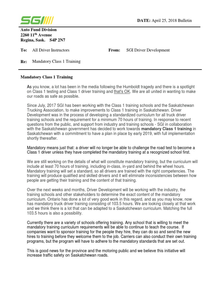 Saskatchewan Class 1 Driver Training | PDF | Truck Driver | Curriculum