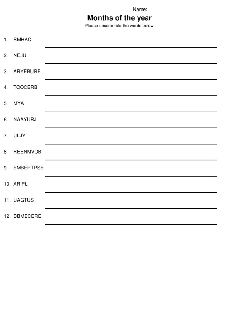 Months of The Year: Please Unscramble The Words Below | PDF