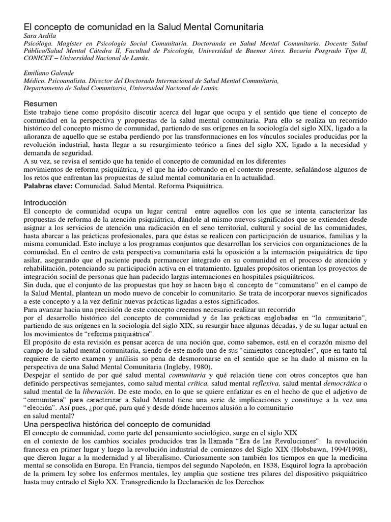 Galende, El Concepto de Comunidad | PDF | Comunidad | Salud mental