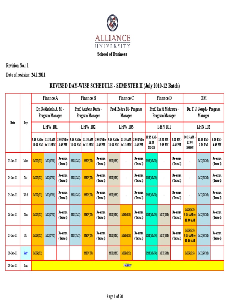 Revised Day-Wise Schedule - Semester Ii (July 2010-12 Batch) | PDF