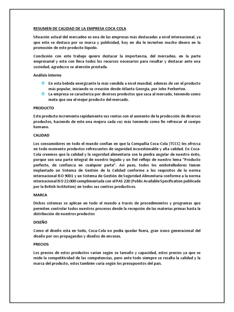 Resumen de Calidad de La Empresa Coca Cola Delia | PDF | Gestión de la ...