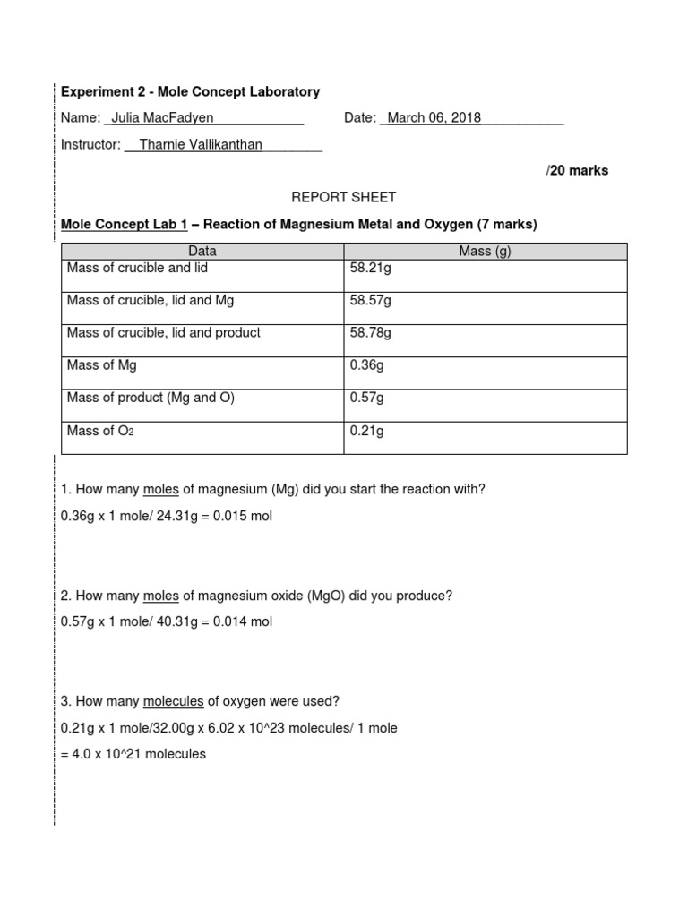 Lab 2 - Mole Concept Laboratory | PDF | Mole (Unit) | Magnesium