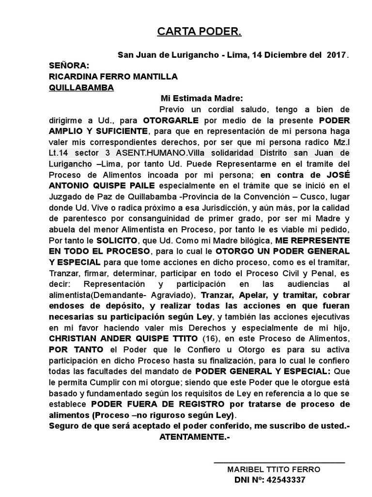 Carta Poder - Alimentos - Maribel Tito - Lima | PDF | Virtud ...