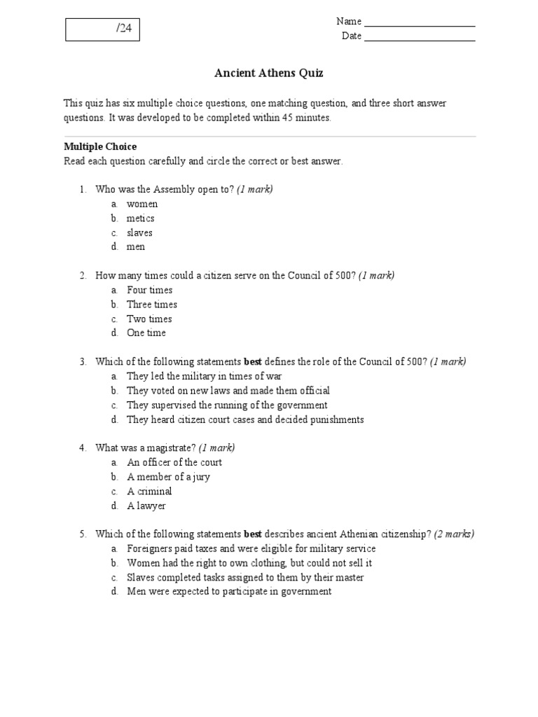 Ancient Athens Democracy Quiz | PDF | Citizenship | Democracy