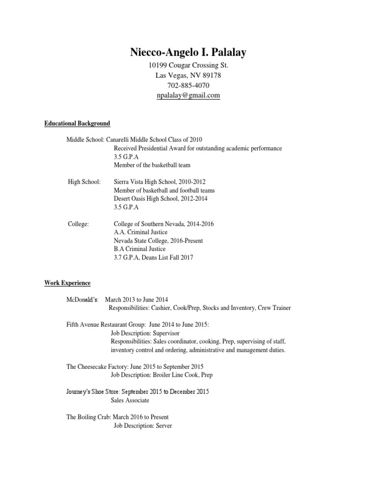 Niecco-Angelo I. Palalay: 10199 Cougar Crossing St. Las Vegas, NV 89178 ...