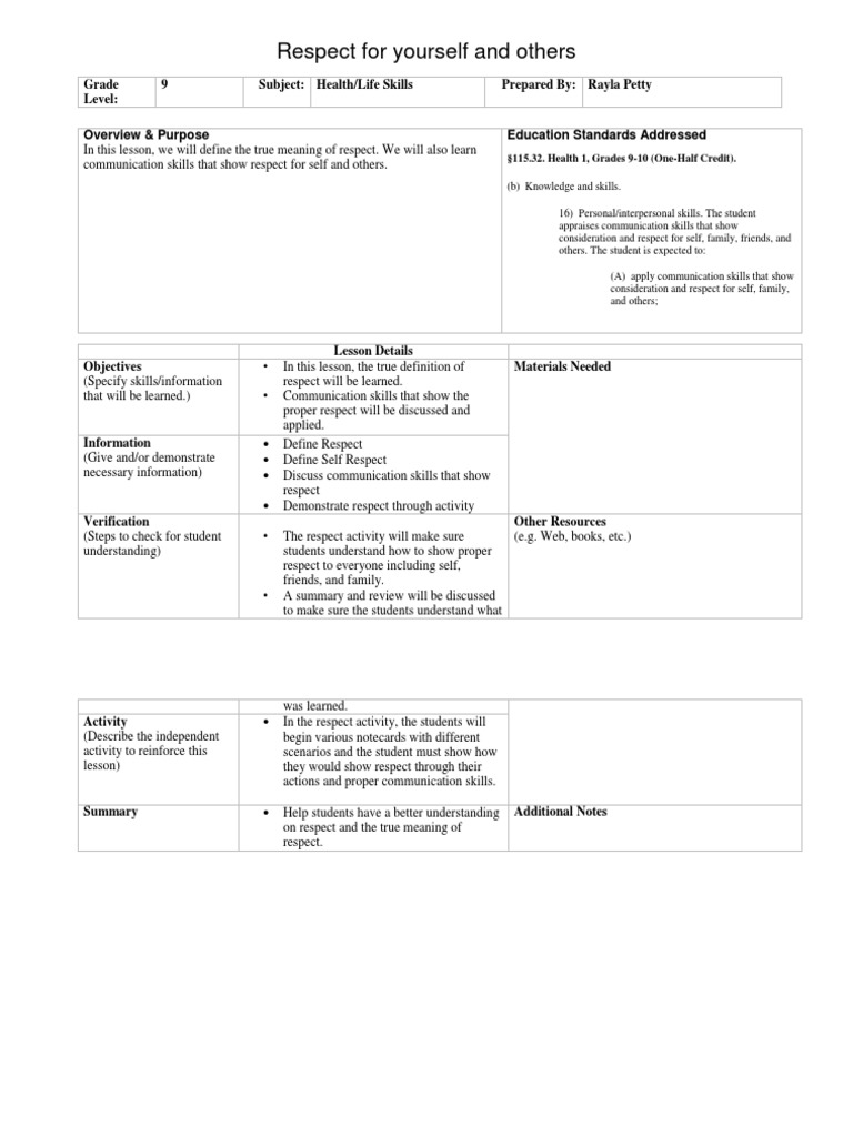 Respect Lesson Plan Pdf Lesson Plan Communication