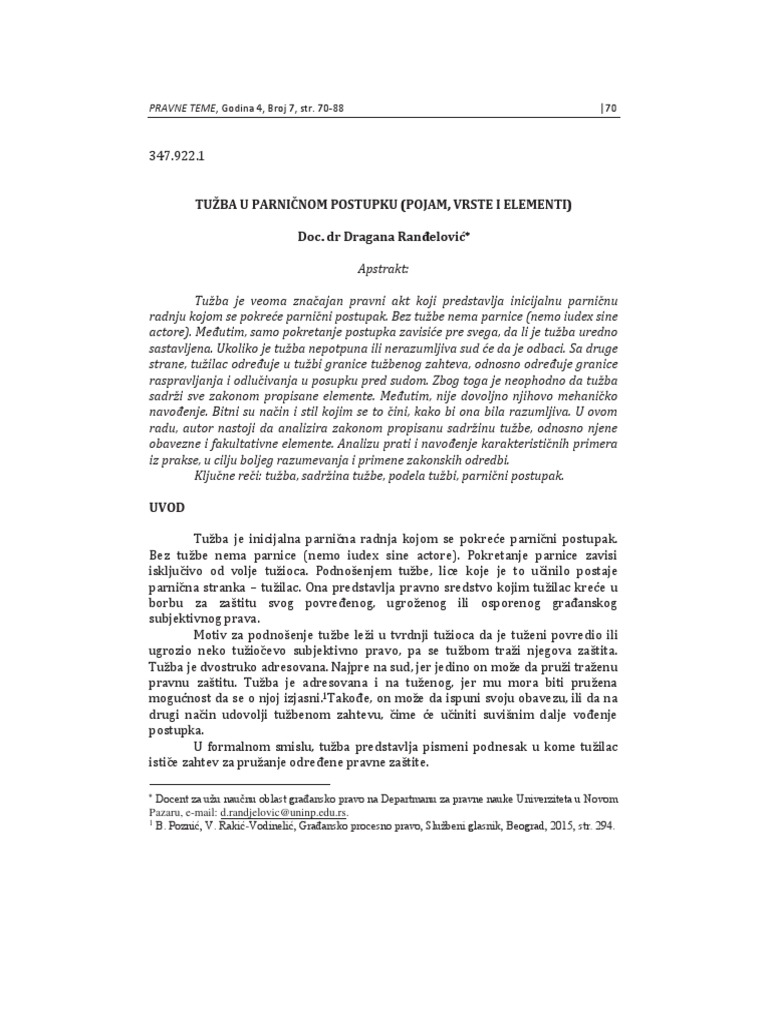 Tužba U Parničnom Postupku Pojam Vrste I Elementi | PDF