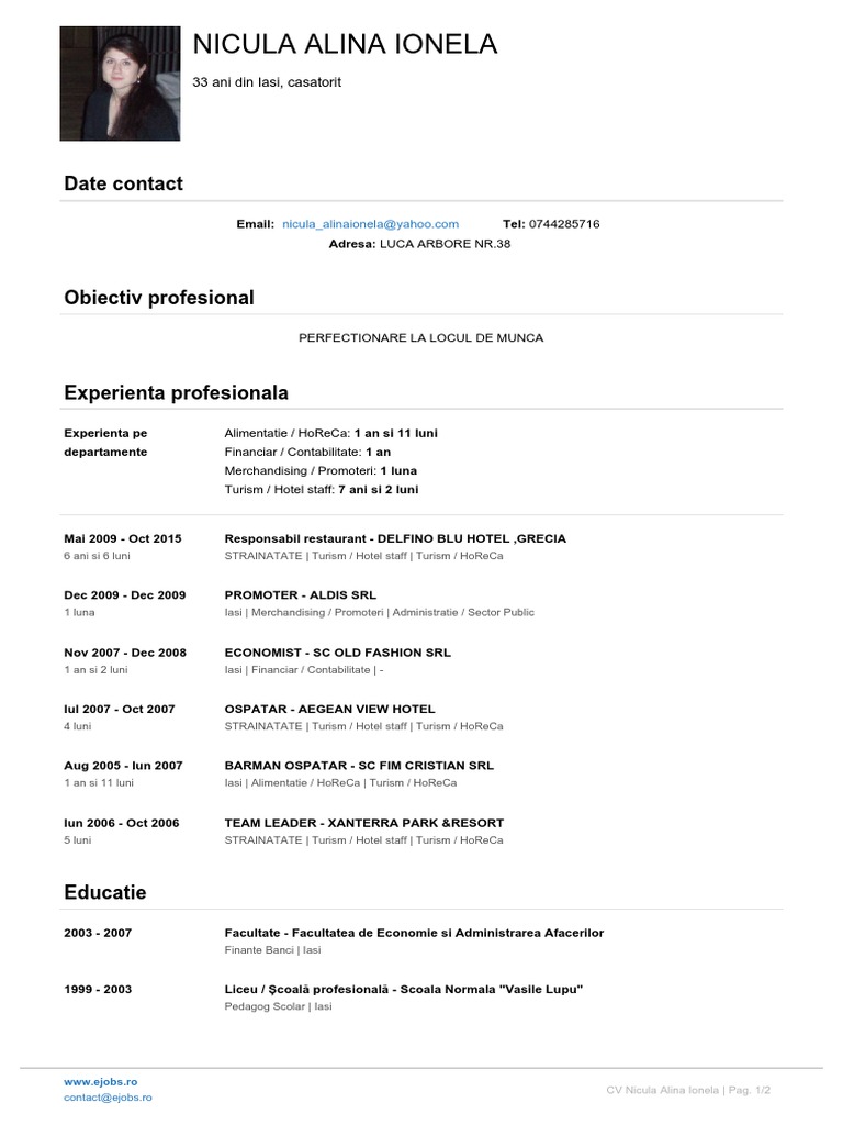CV de Nicula Alina Ionela - Experiencia en Turismo | PDF