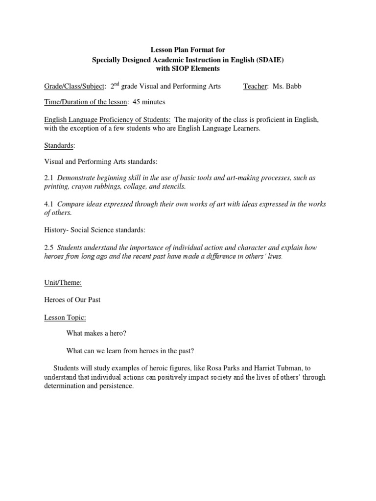 Lesson Plan Format For Specially Designed Academic Instruction in ...