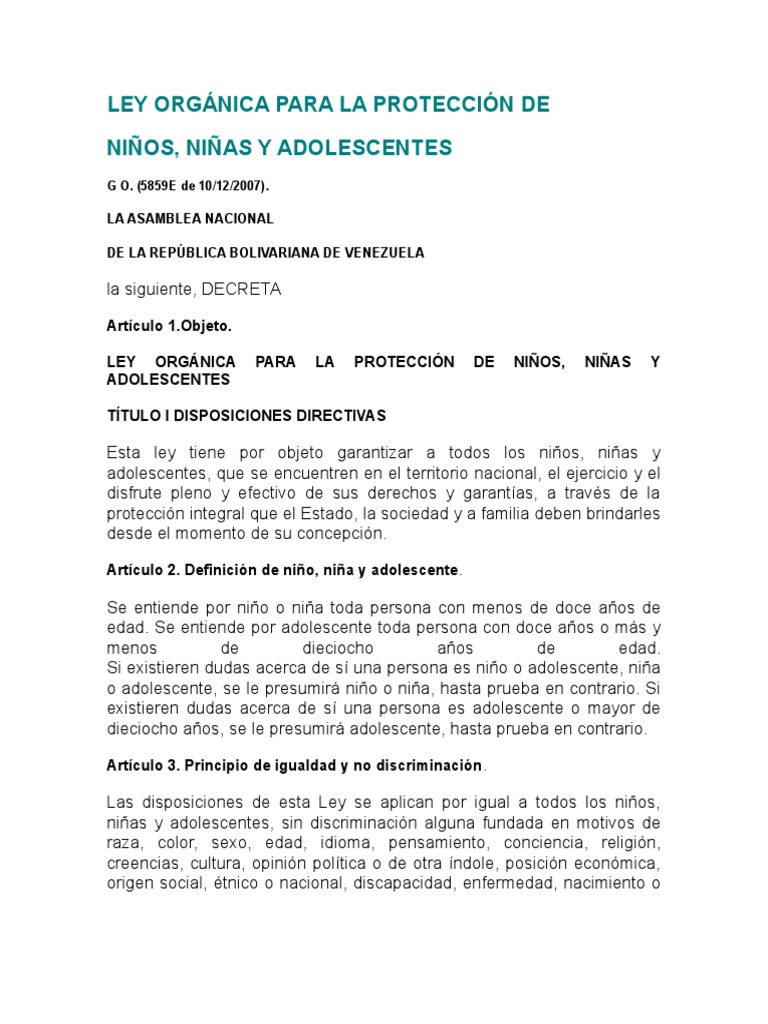 Ley Orgánica de Protección de Niños y Adolescentes | PDF | Familia ...