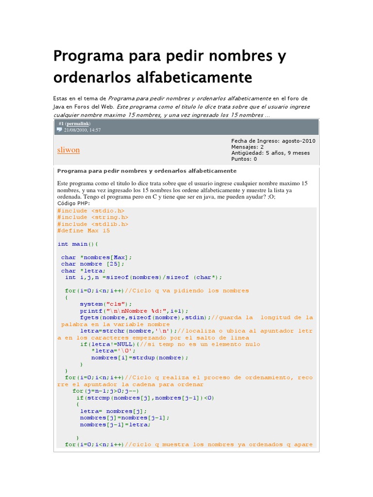 Programa para Pedir Nombres y Ordenarlos Alfabeticamente | PDF | Herencia (Programación ...