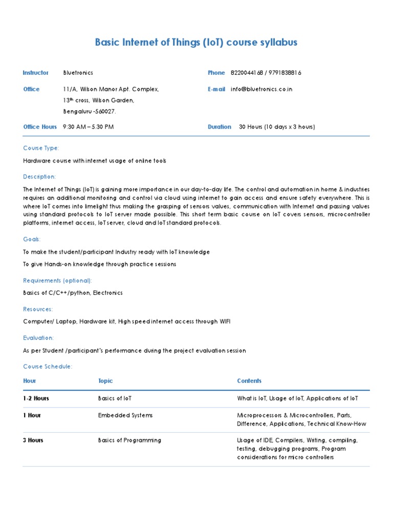 Basic IoT Course Syllabus | PDF | Internet Of Things | Arduino Basic IoT Course Syllabus | PDF | Internet Of Things | Arduino