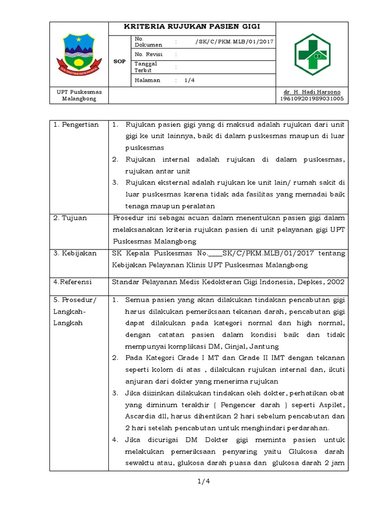 Sop Kriteria Rujukan Pasien Gigi | PDF